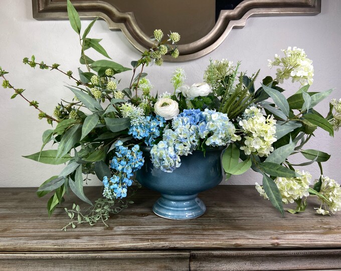 Blue Hydrangea Centerpiece: French Country Ranunculus Arrangement - Etsy