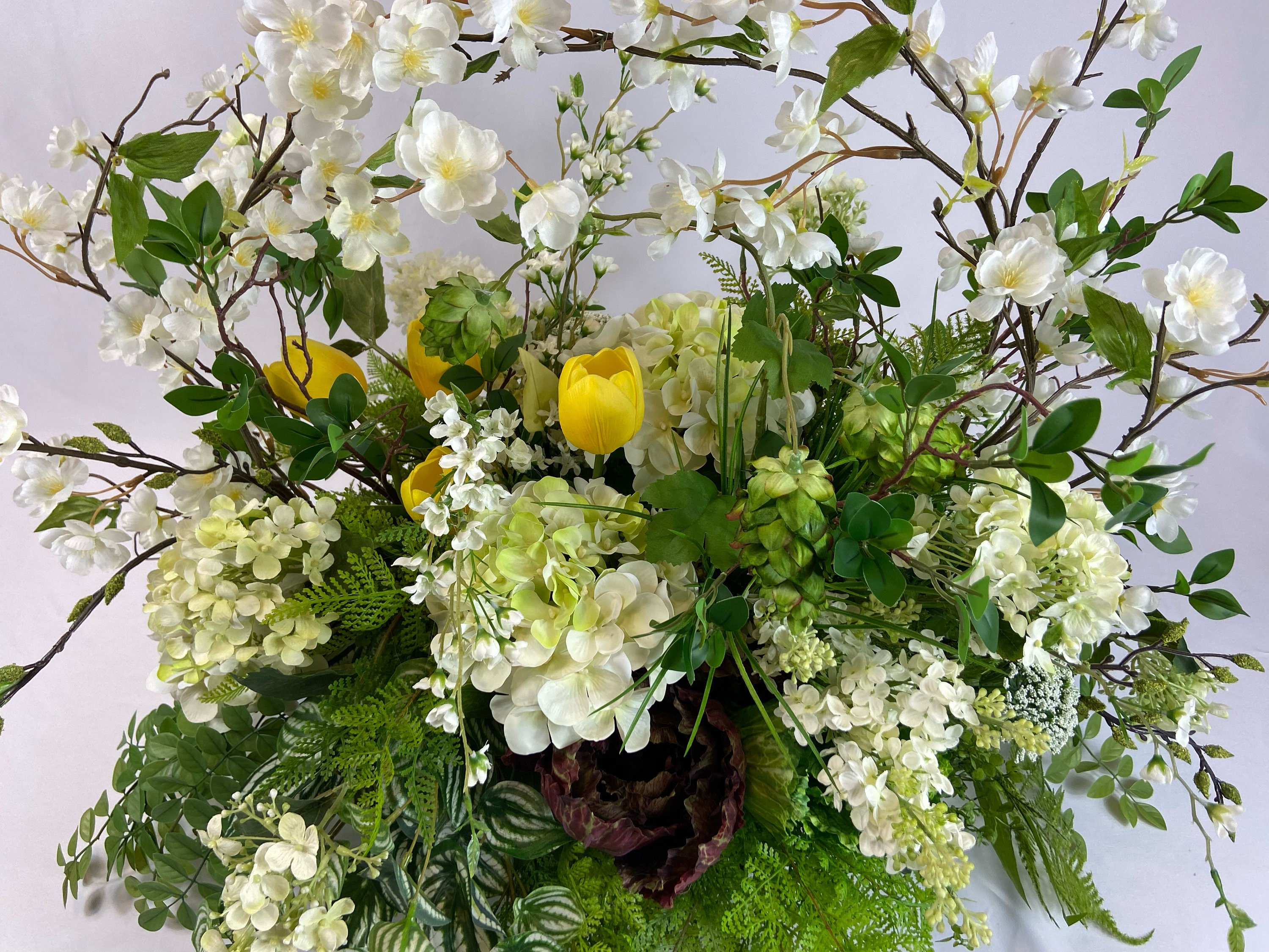 Tall Arching White Cherry Blossoms, Real Touch Tulips, Cabbage, Twig ...