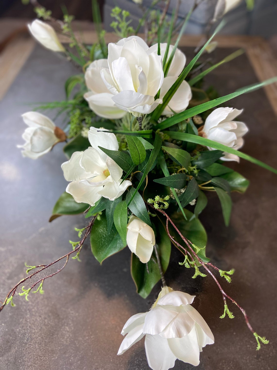 Elegant White Magnolia Arrangement Centerpiece, Year Around Natural ...