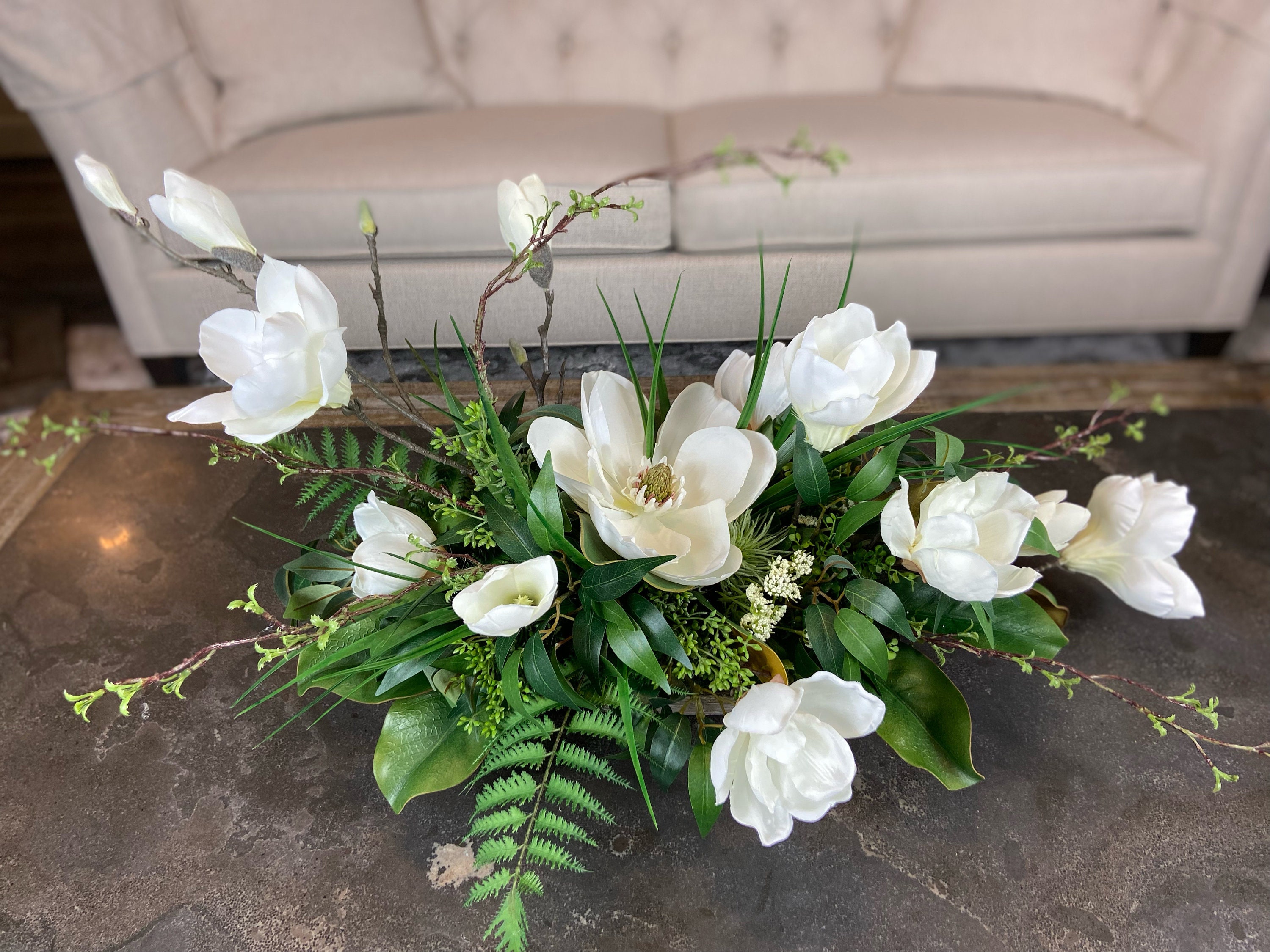 Elegant White Magnolia Arrangement Centerpiece, Year Around Natural ...