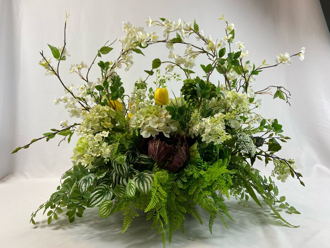 Tall Arching White Cherry Blossoms, Real Touch Tulips, Cabbage, Twig ...