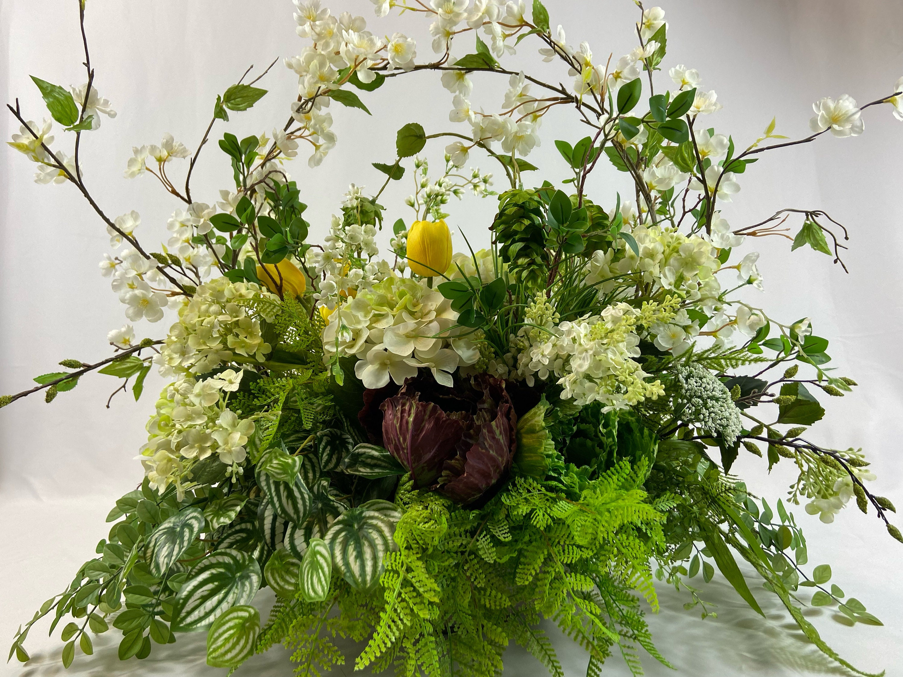 Tall Arching White Cherry Blossoms, Real Touch Tulips, Cabbage, Twig ...