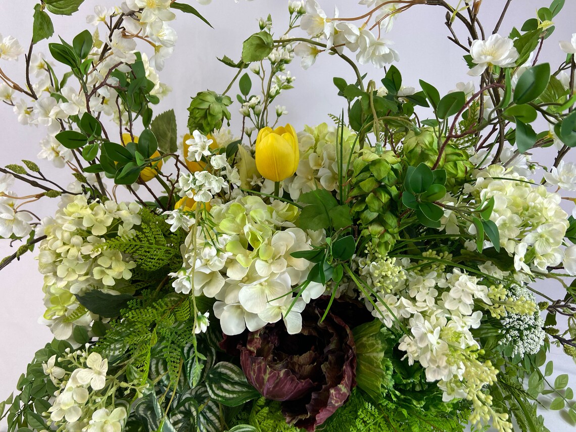 Tall Arching White Cherry Blossoms, Real Touch Tulips, Cabbage, Twig ...