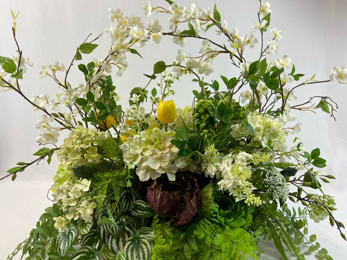 Tall Arching White Cherry Blossoms, Real Touch Tulips, Cabbage, Twig ...