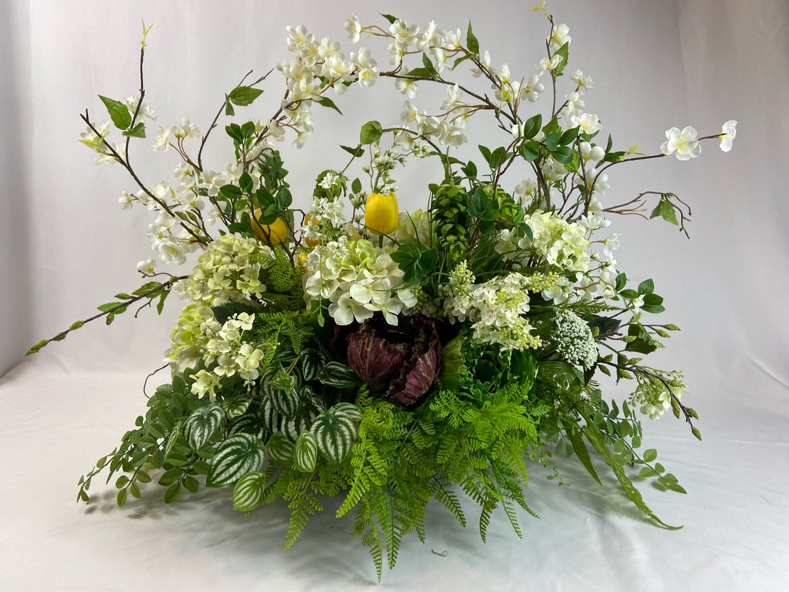 Tall Arching White Cherry Blossoms, Real Touch Tulips, Cabbage, Twig ...