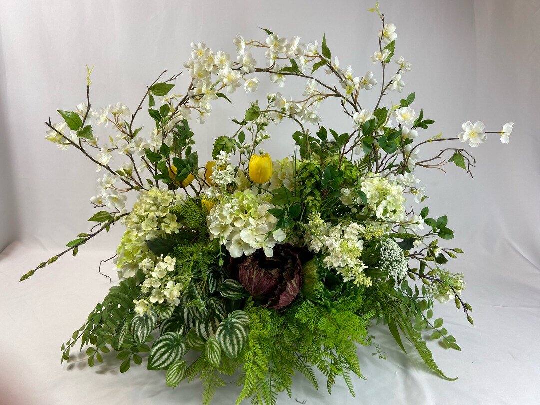 Tall Arching White Cherry Blossoms, Real Touch Tulips, Cabbage, Twig ...