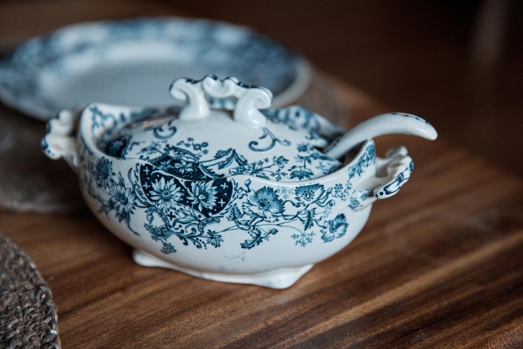Antique Blue & White, Sauce Dish, Tureen With Lid, Spoon and Plate From ...