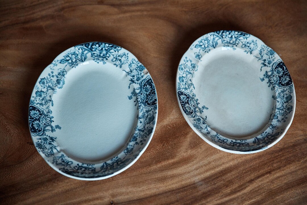 2 Antique Platters Dish From Stoke Pottery, Nevis Pattern, Blue and ...