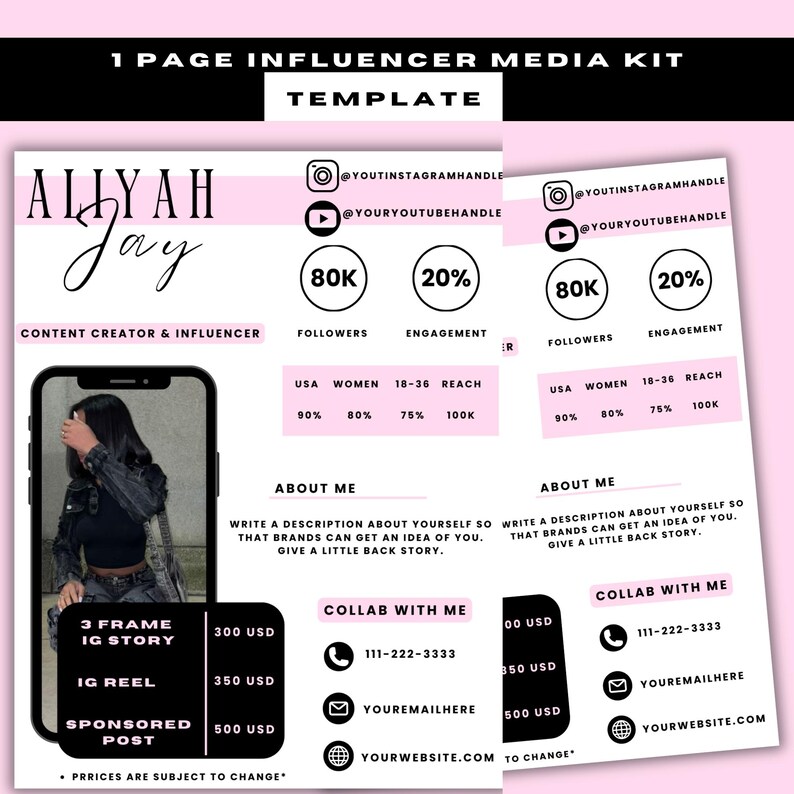1 Page Influencer Media Kit, Media Kit Template, Instagram Influencer ...
