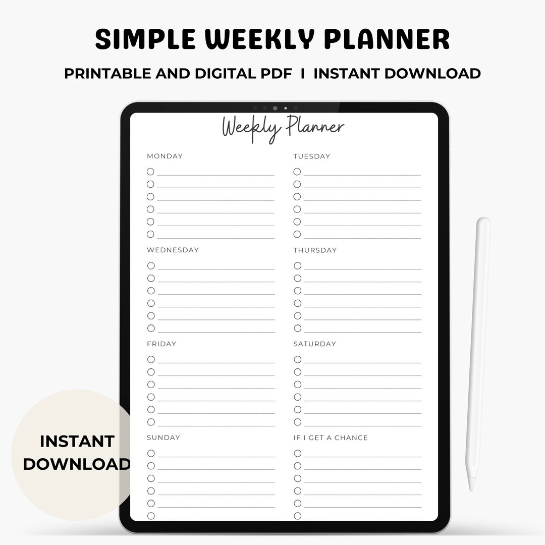 Simple Weekly Planner, Easy One 1 Page Design, Digital Download ...