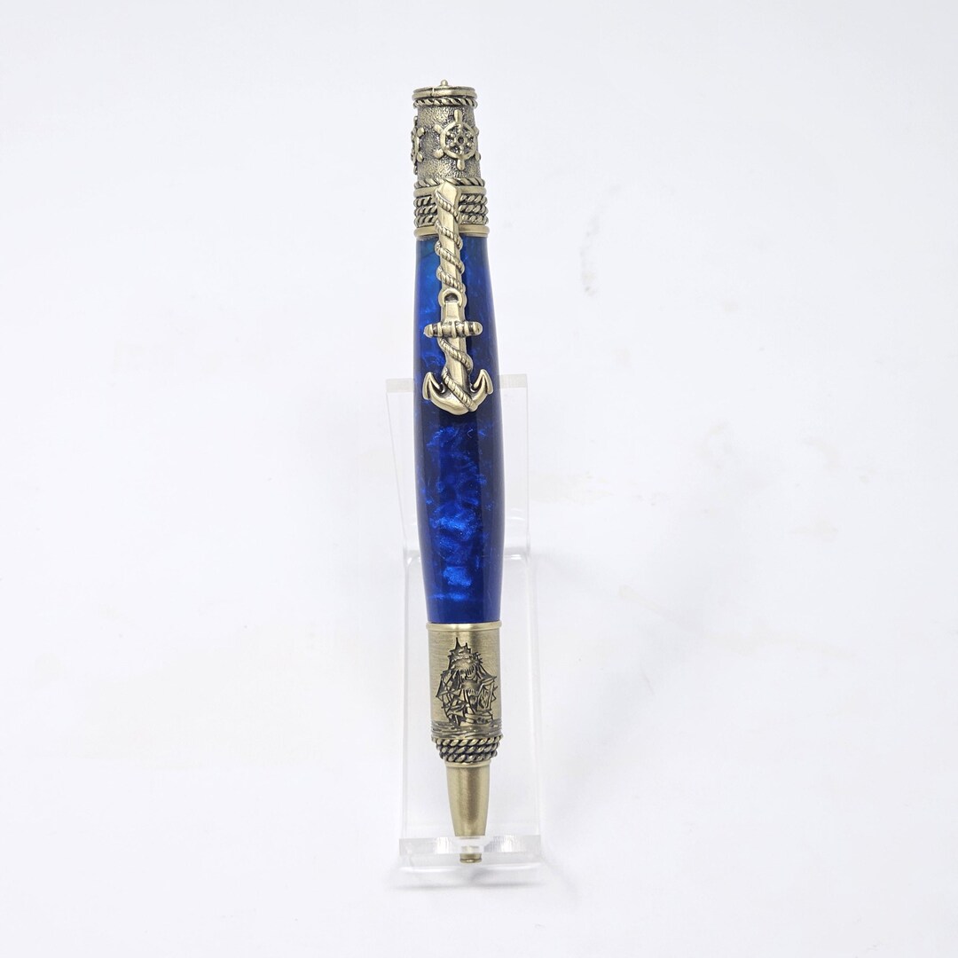 Nautical Antique Brass Twist Pen With Dark Blue Resin - Etsy
