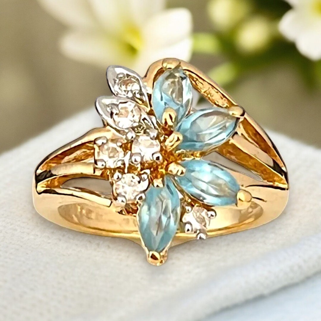 Vintage Uncas Ring Aquamarine Crystal Cluster Ring 14K Yellow Gold ...