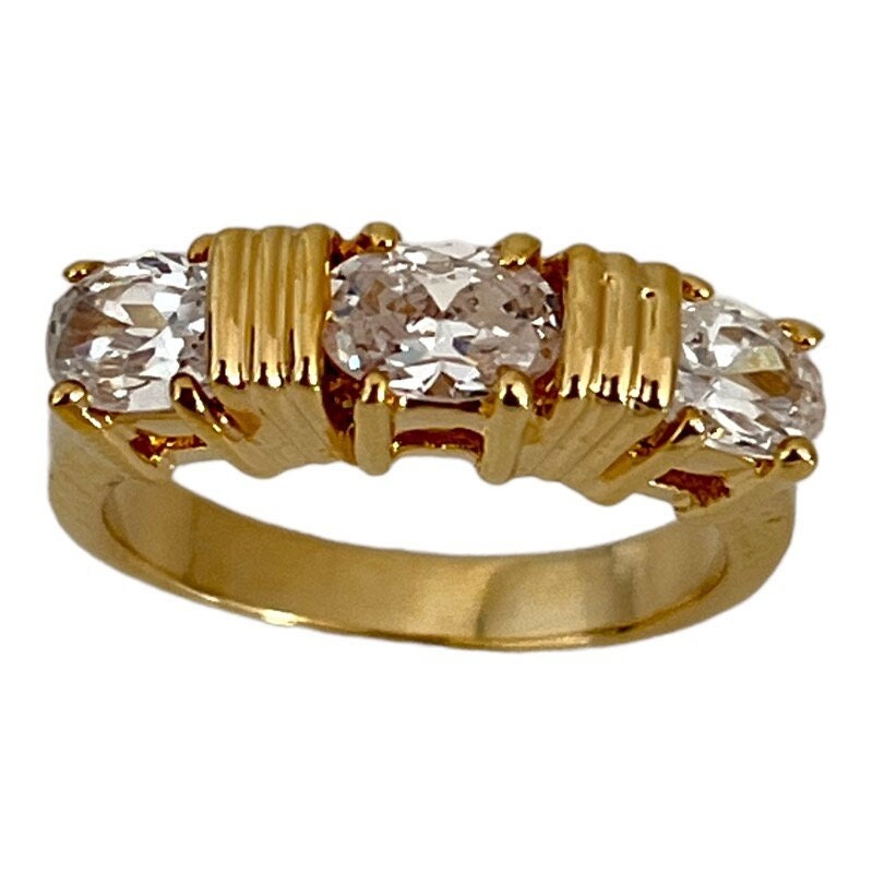 Vintage Ring Three Stone Cubic Zirconia 14K Gold Electroplate Wedding ...