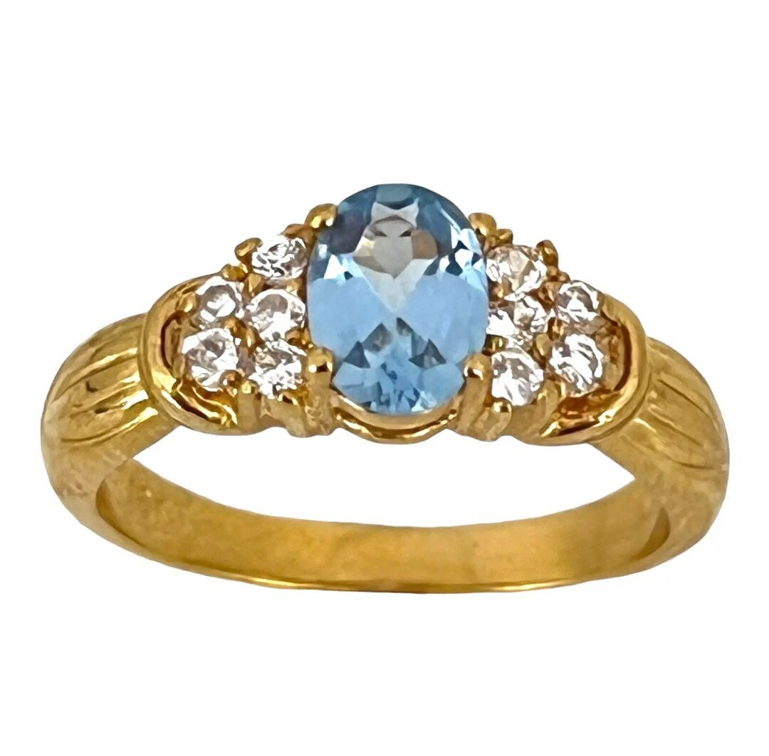 Vintage Ring Blue Cubic Zirconia Ring With Crystal Accents 18K Yellow ...