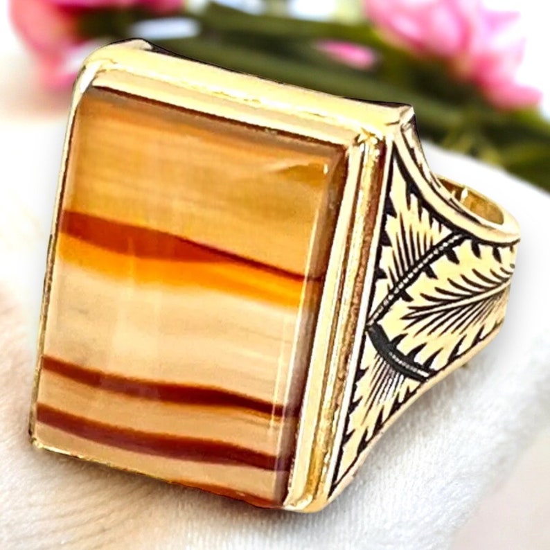 Vintage 1970s Ring Clark Coombs Agate Rectangular 18KT Gold Plated ...