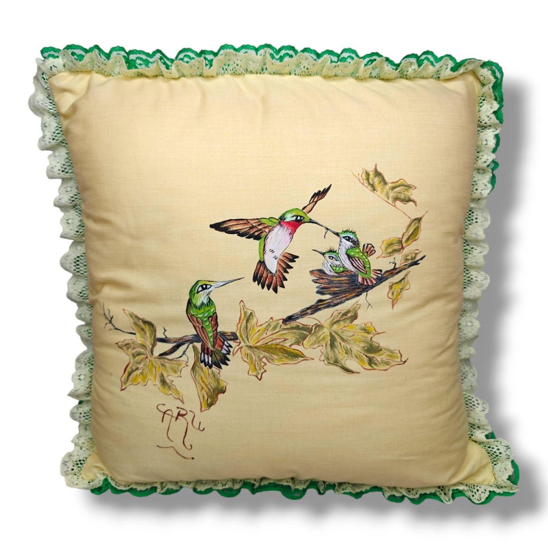 Vintage Hand Painted Hummingbird Throw Pillow Beige Green Lace Trim - Etsy