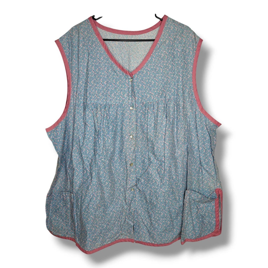 Vtg Cobbler Apron House Coat Smock Vest Front Pockets Pearl Snaps Ditsy ...