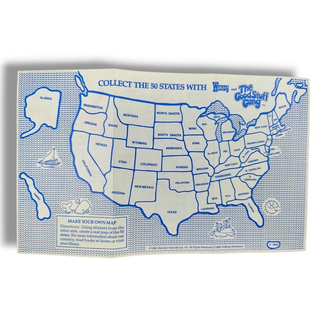 Vintage Wendy's Good Stuff Gang States Map W/ Stickers '86 Fast Food ...