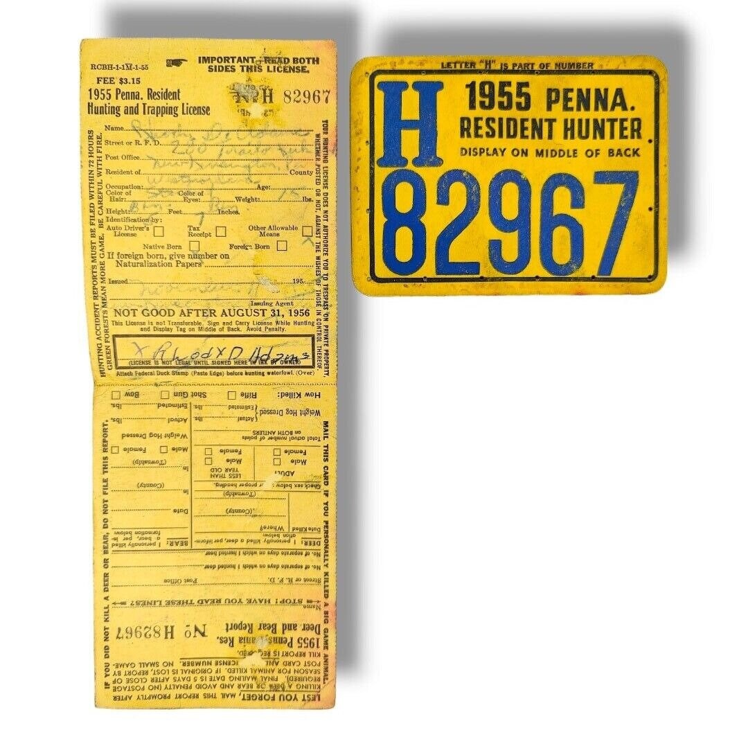 VTG 1955 PENNA Pennsylvania Resident Hunter Hunting License Deer Bear ...