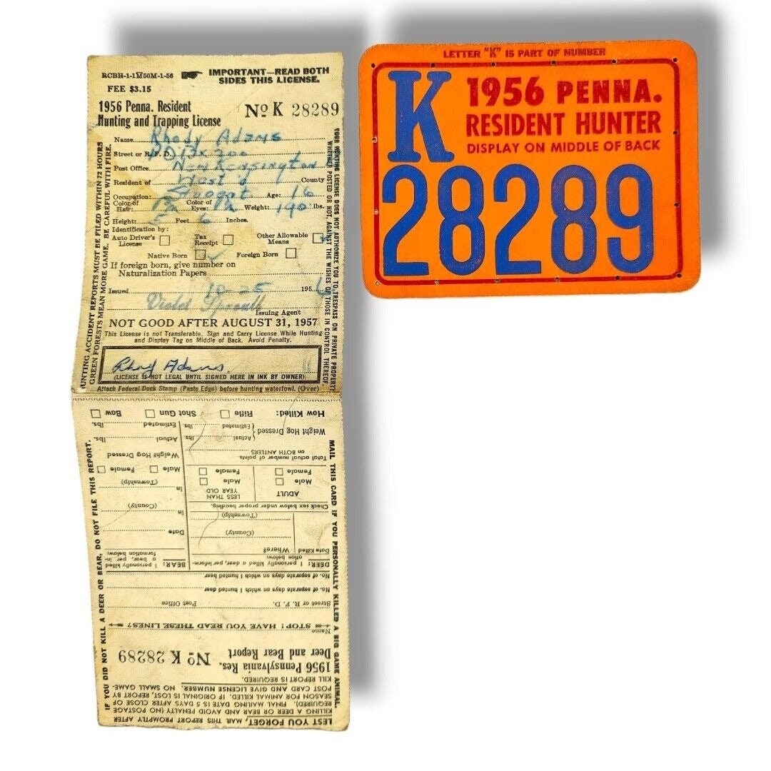 VTG 1956 PENNA Pennsylvania Resident Hunter Hunting License Deer Bear ...