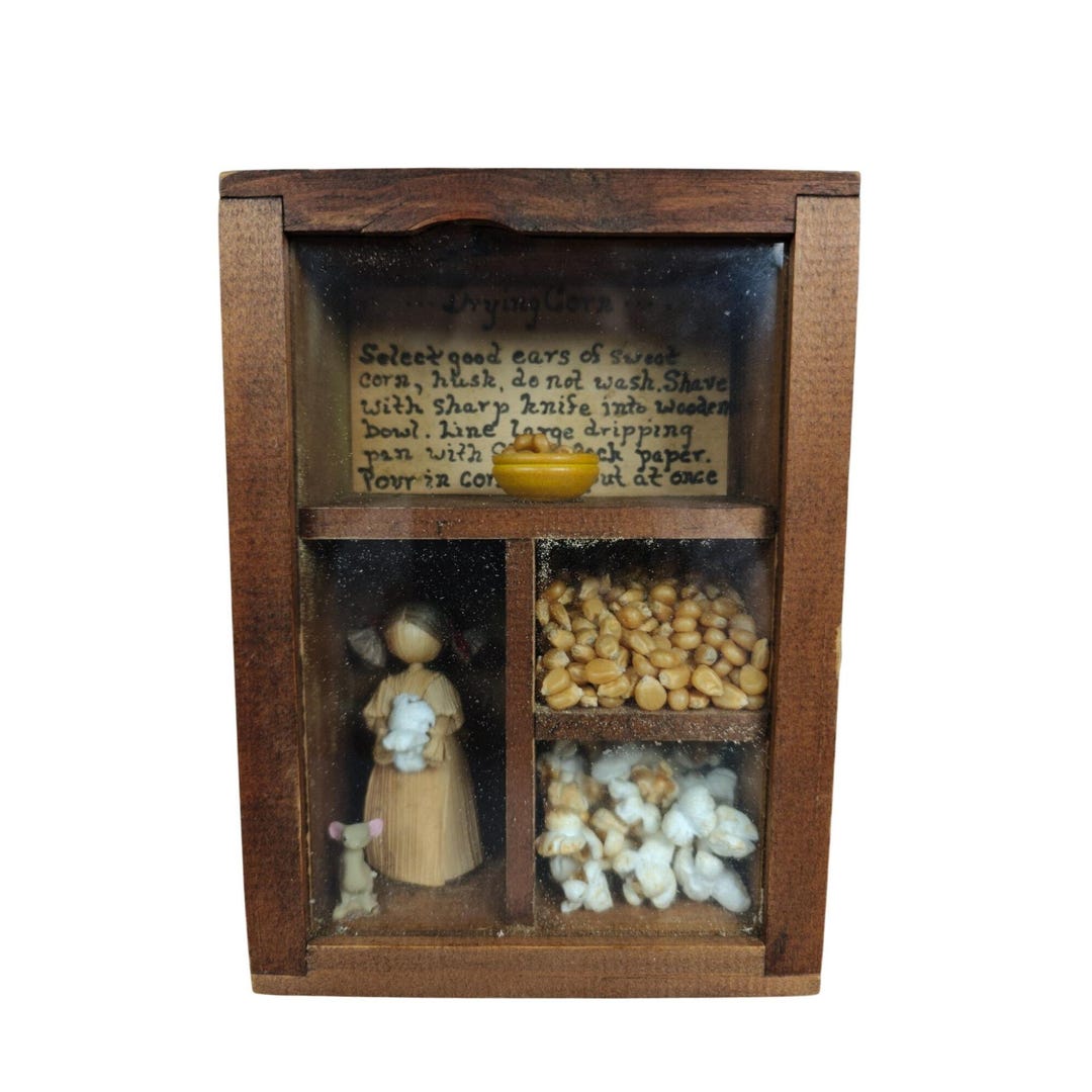 Vintage Folk Art Farm Shadow Box With Mouse Corn Kernels & Corn Doll ...