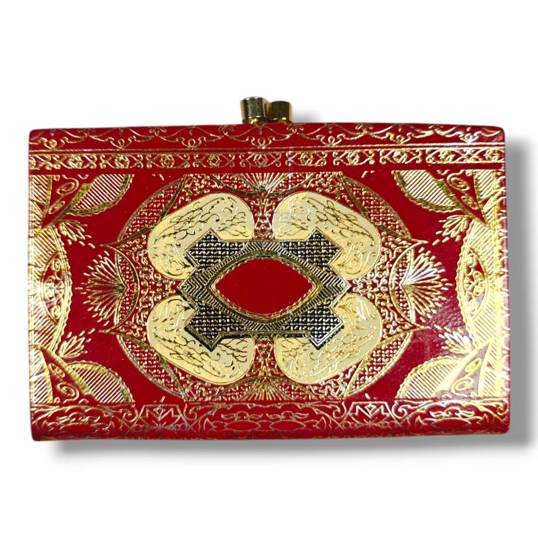 Vintage Coin Purse Pouch Kisslock Ornate Design Red Gold Genuine ...