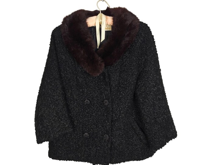 Vintage Black Persian Curly Lamb Fur Coat Mink Shawl Collar Satin ...
