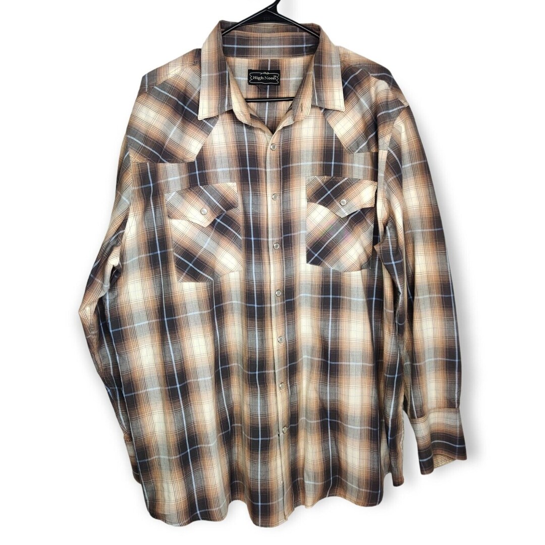 Vintage High Noon Western Pearl Snap Button up Shirt Mens XL Plaid Long ...