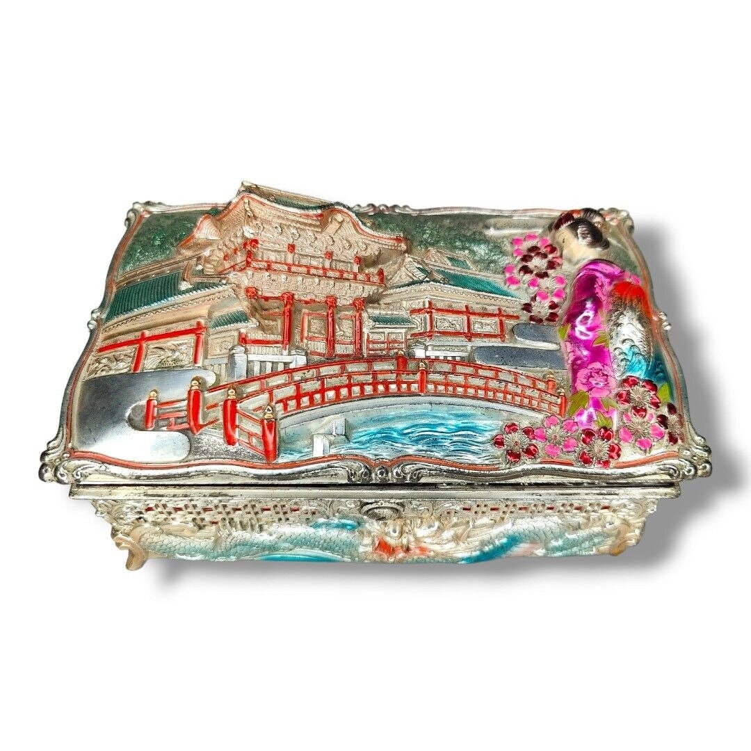 Vintage Chinese Jewelry Music Box Metal Enamel Lined AS IS for REPAIR ...