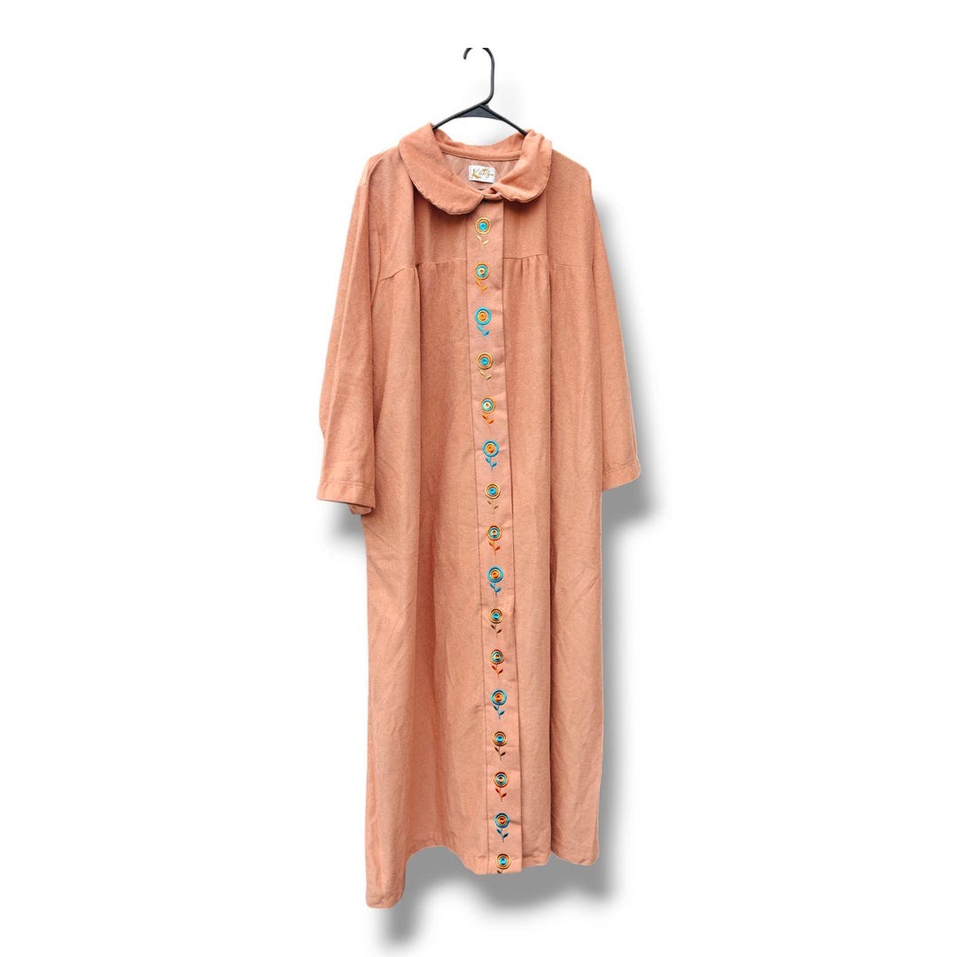 Vintage Katz Snap House Coat Dress Embroidered Long Robe Brushed Tricot ...
