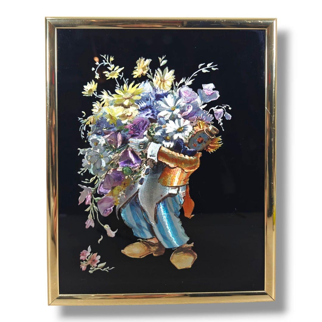 Clown Holding Flowers Foil Art Gold Frame Quirky Kitch 8x10 Wall Decor ...