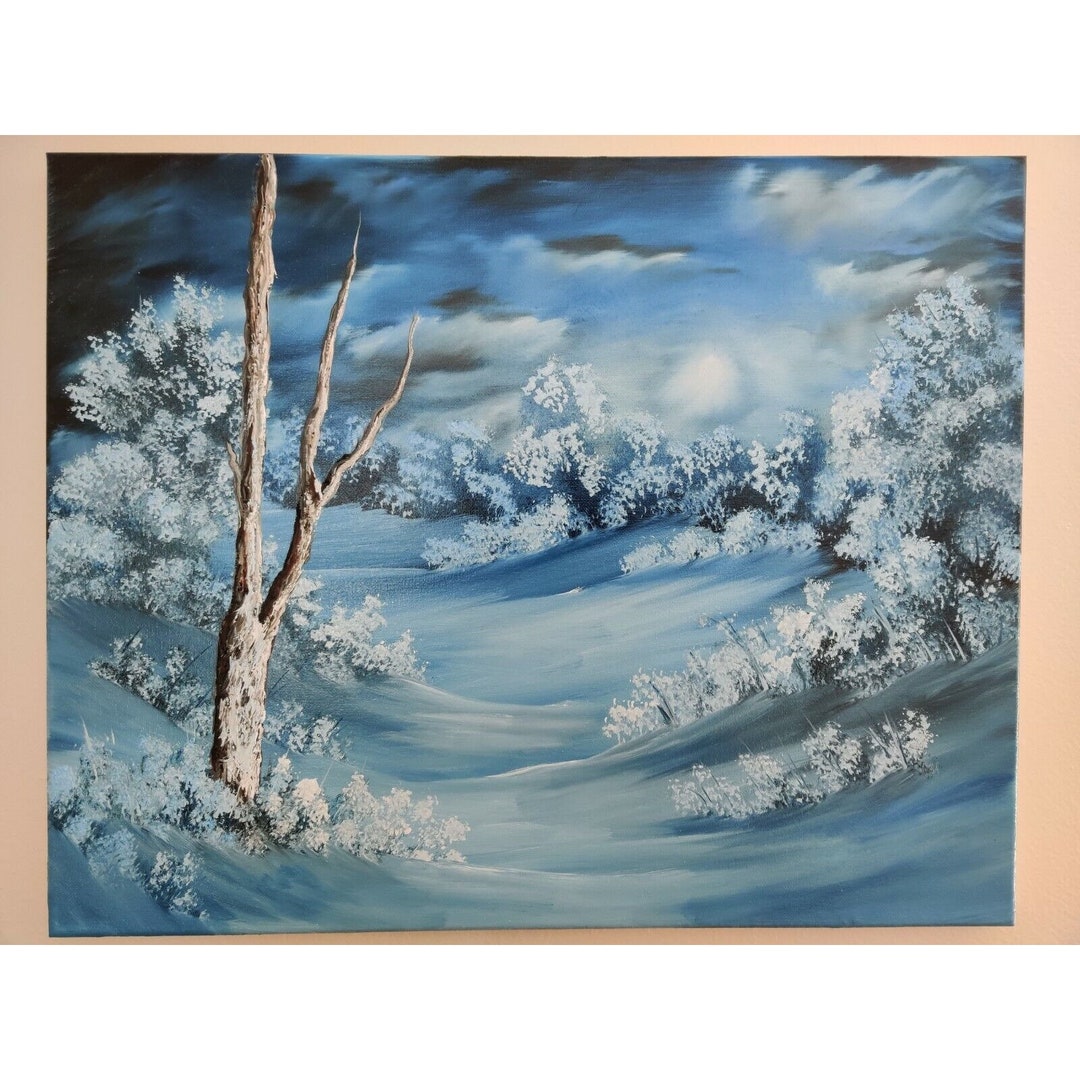 Winter Moon Snowy Night Landscape Original Oil Painting Trees Moonlight ...