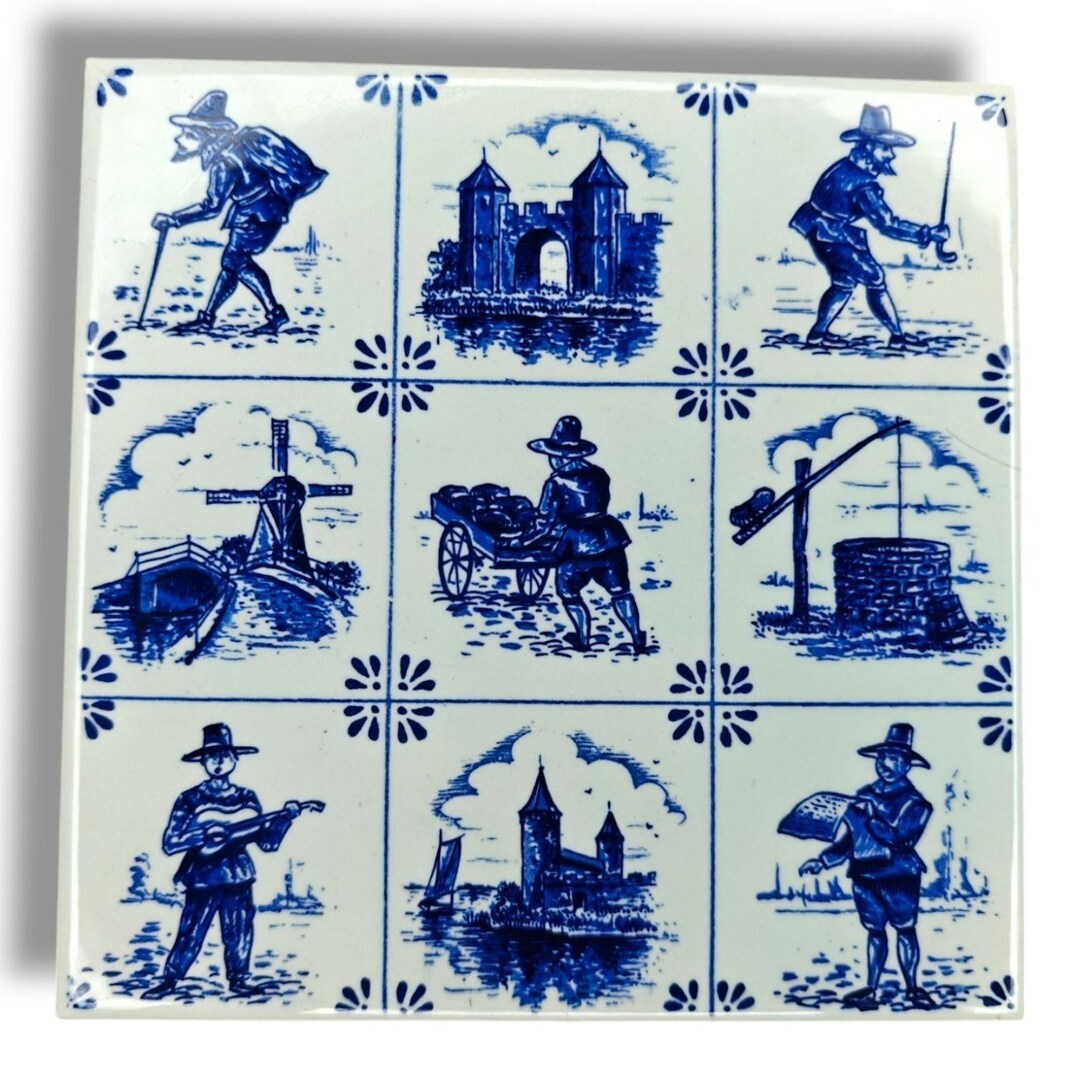Vintage Dutch Delft Blue Ceramic Tile Wall Folk Art 9 Scenes Belgium ...