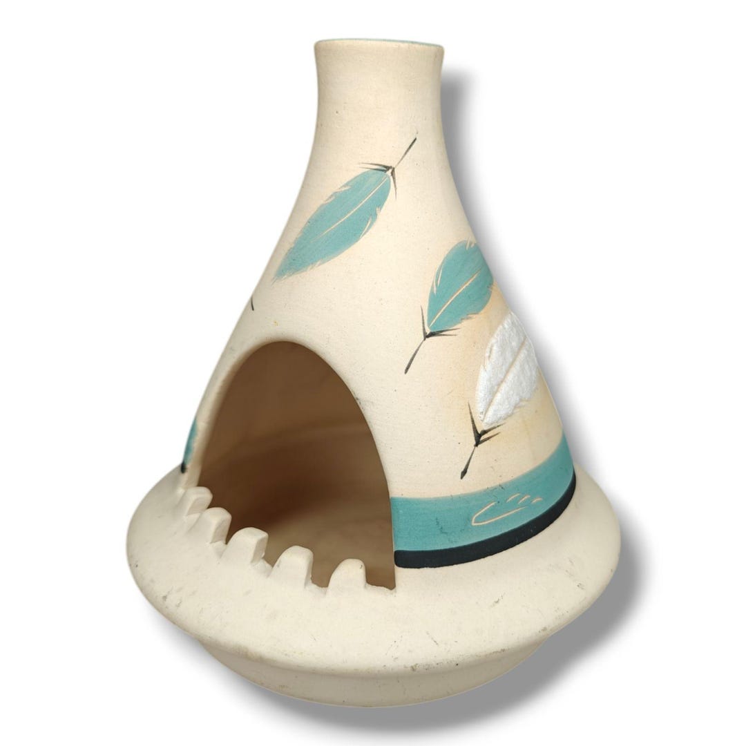 Vintage Native American Teepee Incense Burner Teal Feather Signed Hand ...