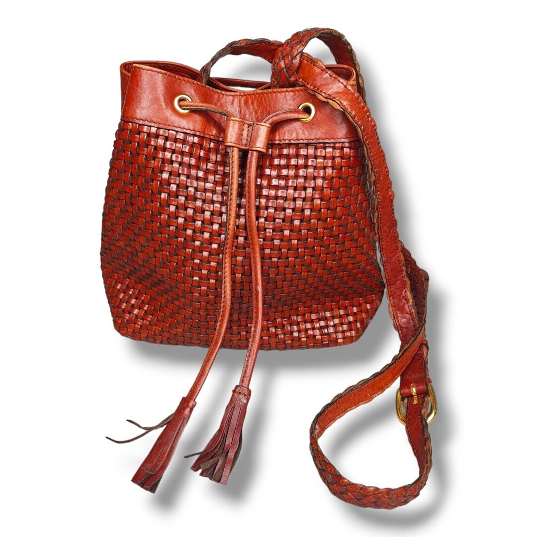 Vintage Woven Leather Bucket Bag Purse Brown Crossbody Drawstring ...
