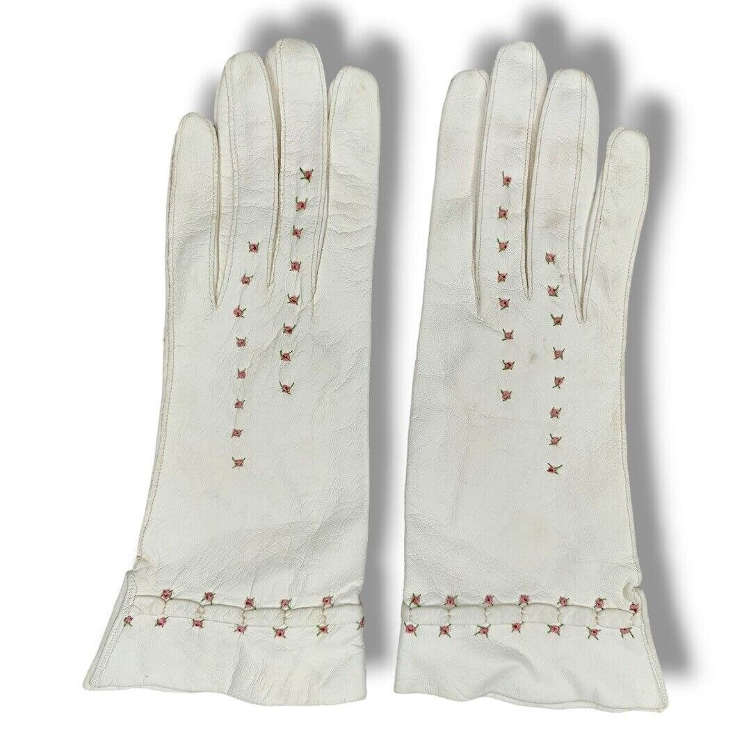 Vintage Grandoe Women's Leather Gloves Size 6.5 White Embroidered ...