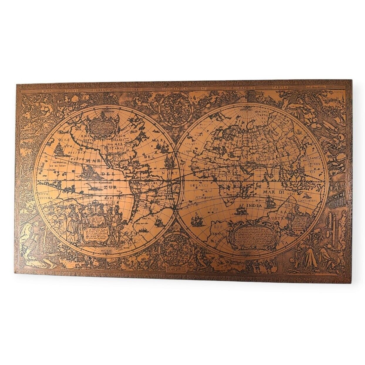 Rare Vintage World Map Engraved Copper Henricus Hondius 47"x27" Wood ...