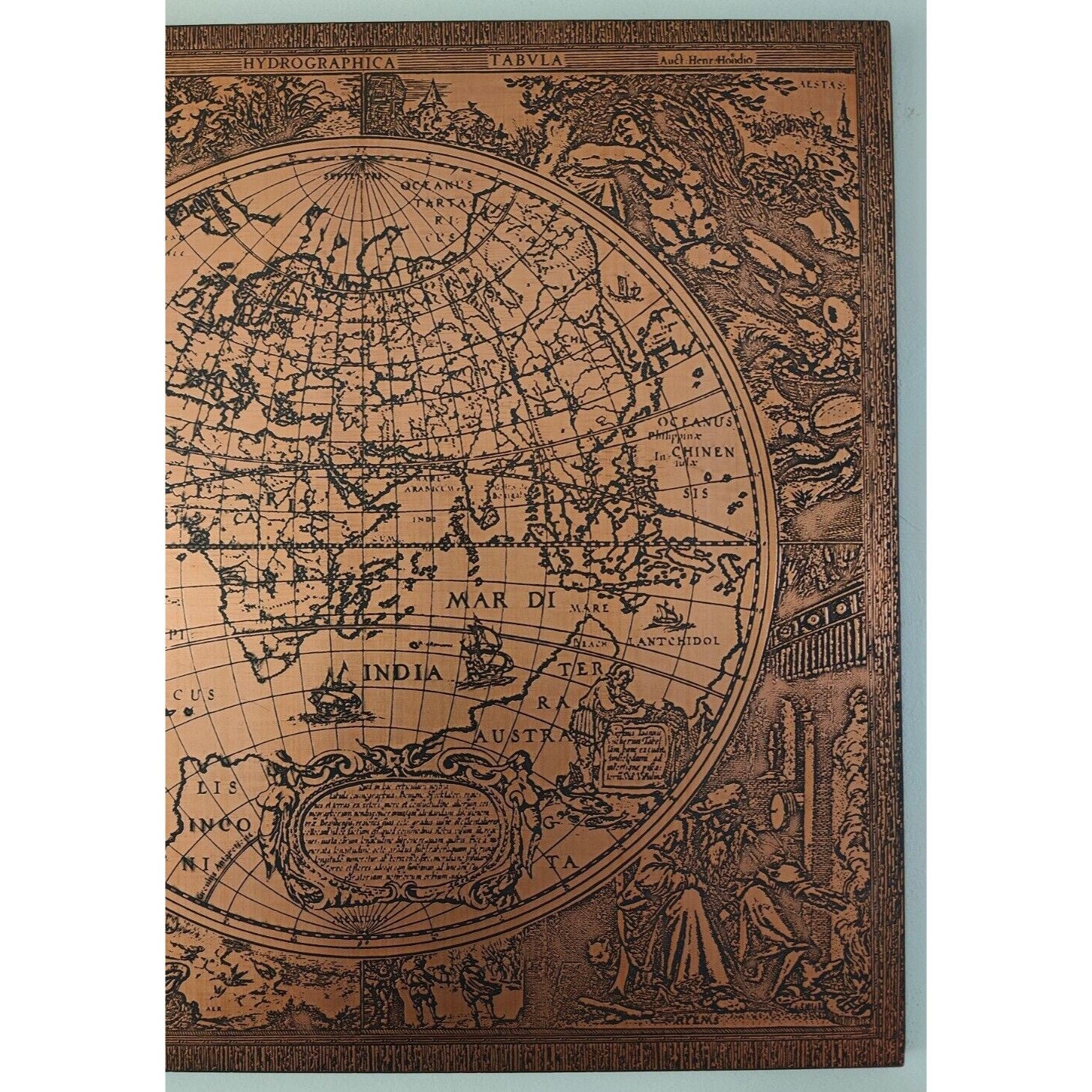 Rare Vintage World Map Engraved Copper Henricus Hondius 47"x27" Wood ...