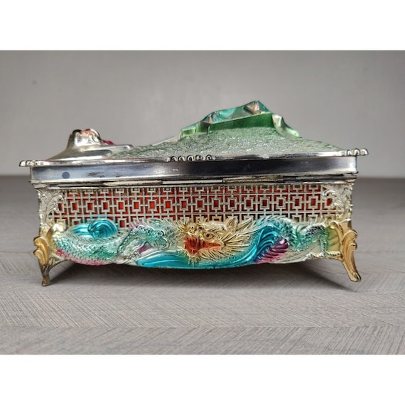 Vintage Chinese Jewelry Music Box Metal Enamel Lined … - Gem