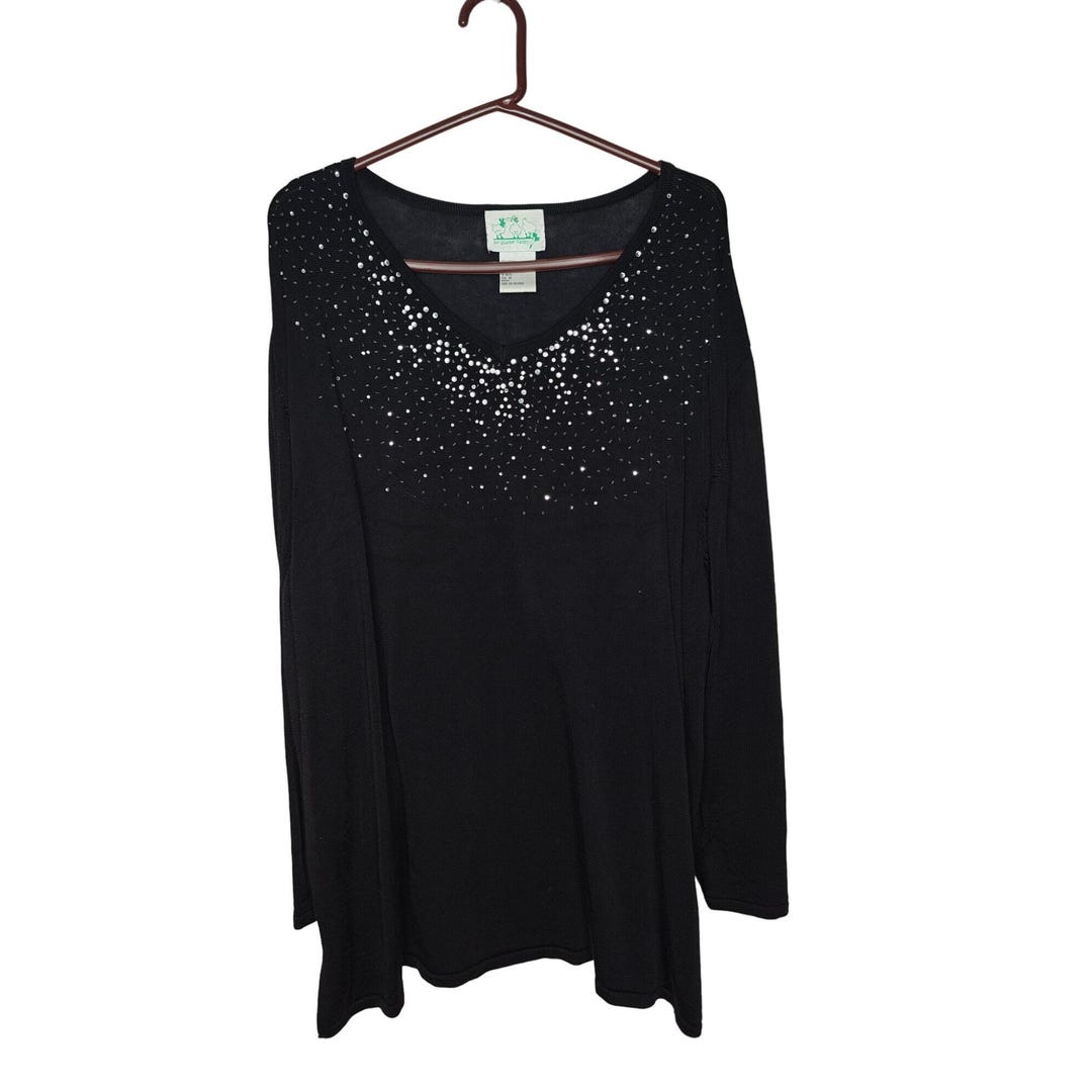 Vintage Quacker Factory Black V-neck Long Sleeve Top Embellished ...