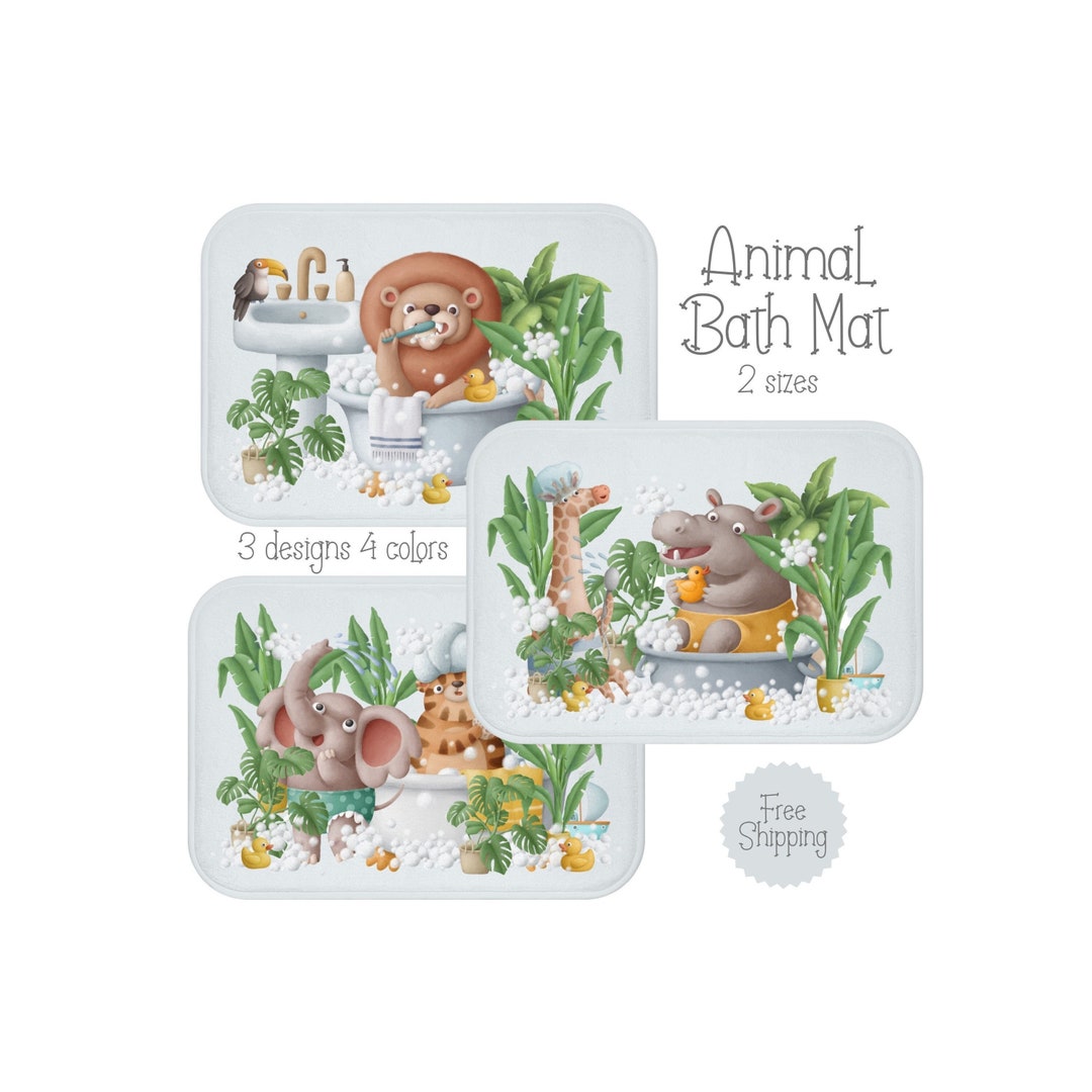 Animal Bath Mat, Cute Colorful Cartoon Like Motif of Wild Animals ...