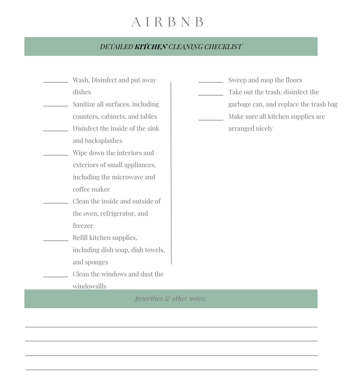 AIRBNB Detailed KITCHEN CLEANING Checklist - Etsy