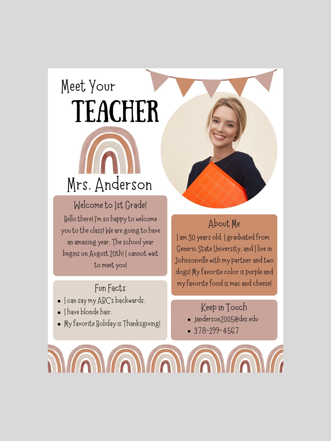 Meet Your Teacher Template Printable Boho Rainbows Editable, Teacher ...