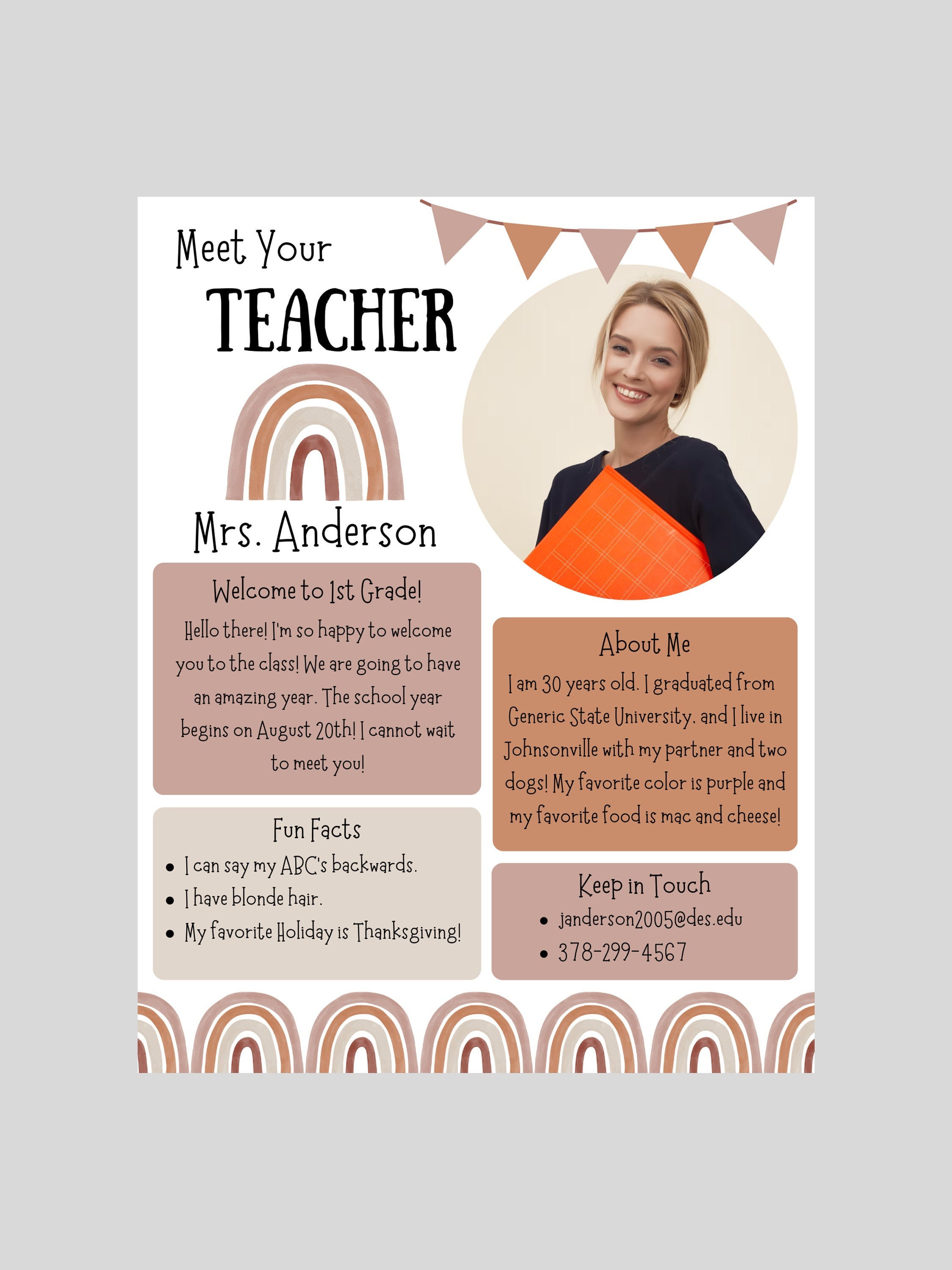 Meet Your Teacher Template Printable Boho Rainbows Editable, Teacher ...