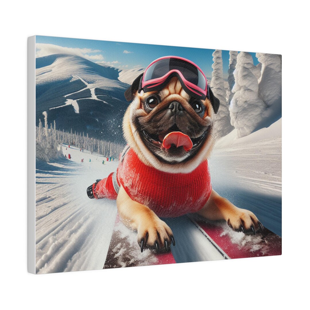Canvas Print, Pug Skiing Wall Art, Cute Dog Decor, Winter Ski Lodge ...