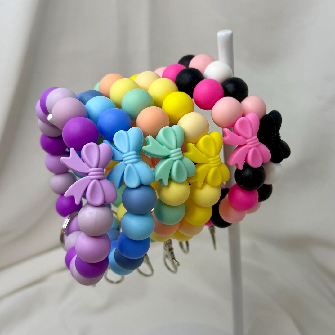 Silicone Beaded Wristlet Keychain With Bow: Hands-free Bangle - Etsy