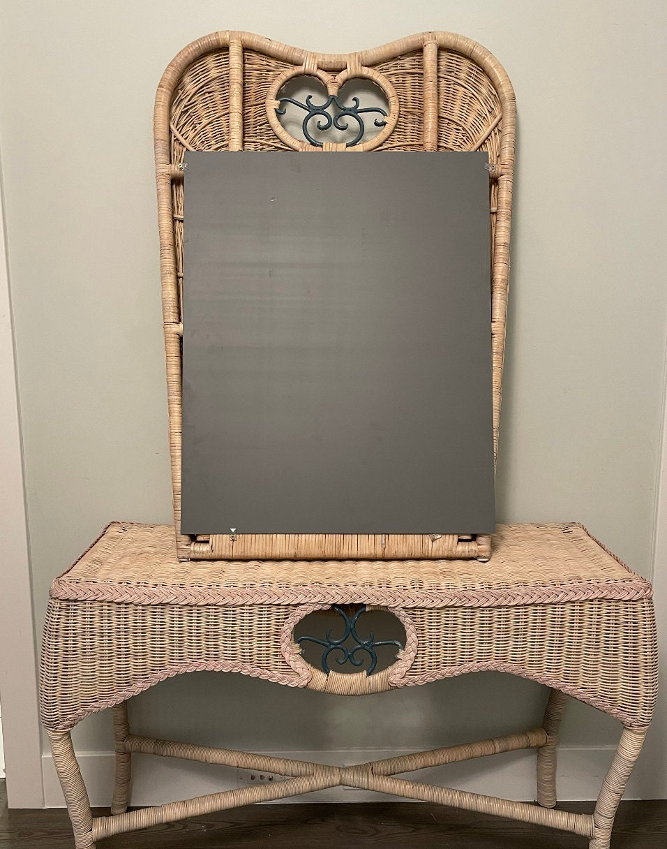Vintage Pink Woven Wicker Makeup Vanity With Mirror Description - Etsy