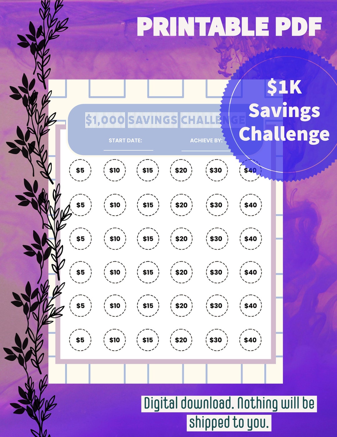 Save 1K Money Challenge! Goal Tracker PDF Printable Fast Download Easy ...