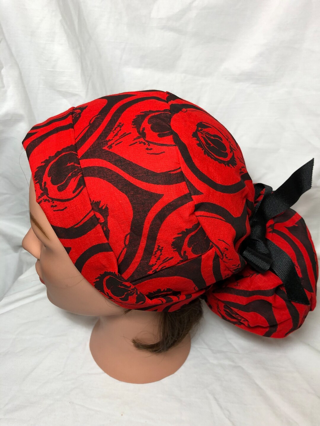 Black and Red Nutmeg Design Doctor Nurse Pixie Ponytail Style Scrub Hat ...