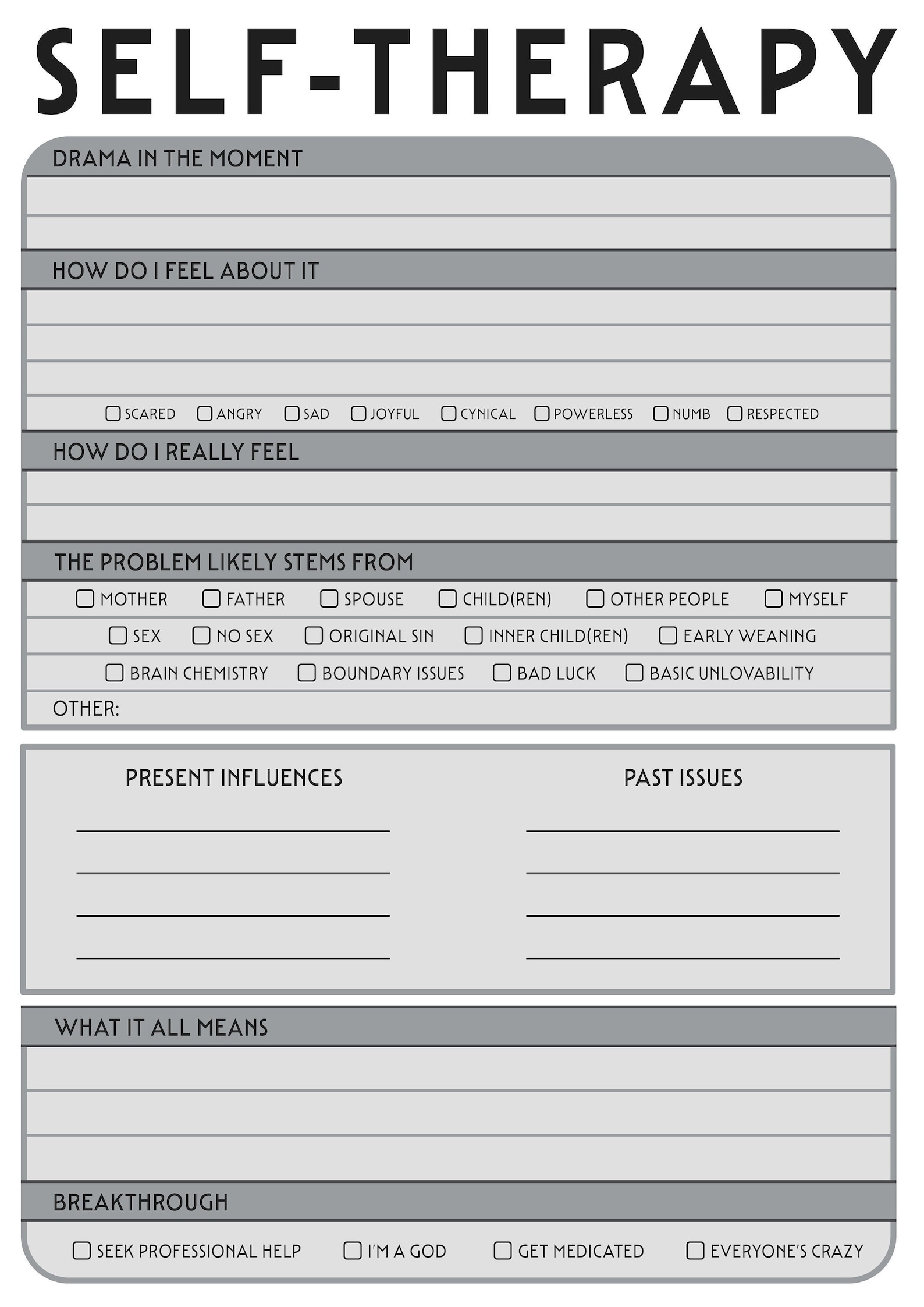 Self Therapy Printable Worksheet, Digital Download Self Help Chart - Etsy